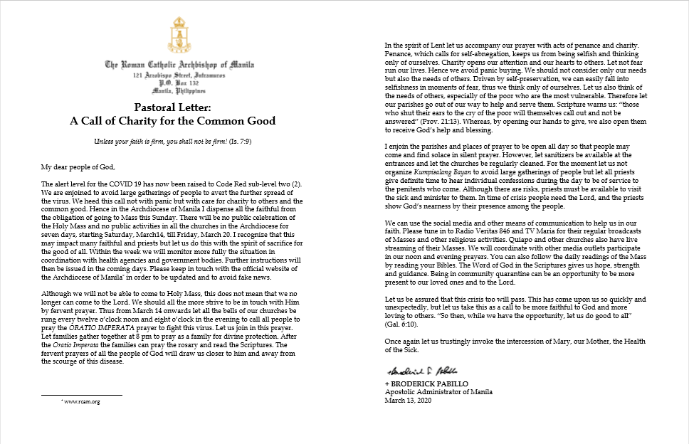 Pastoral Letter: A Call of Charity for the Common Good – VeritasPH