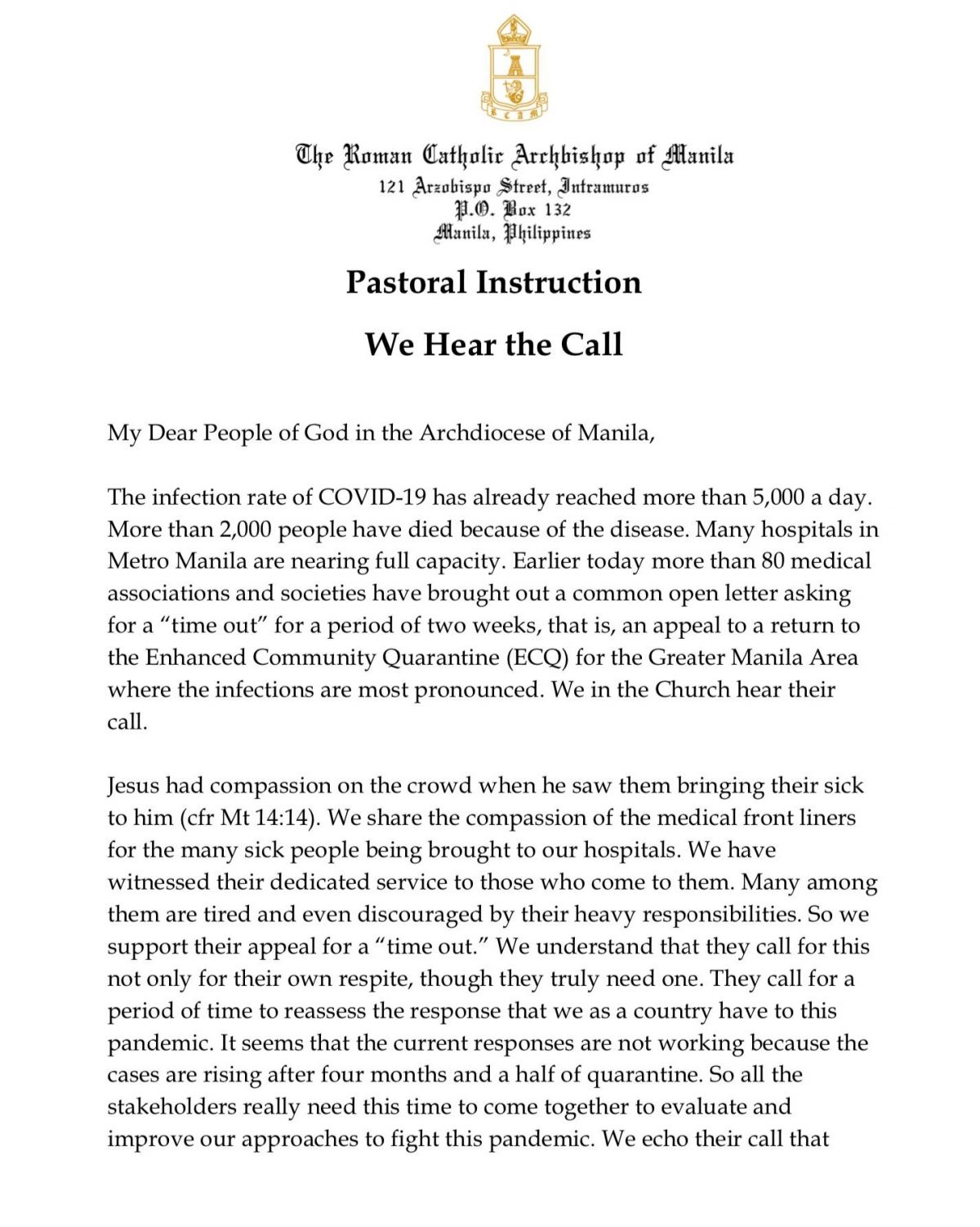 Pastoral Instruction: We Hear the Call - VeritasPH
