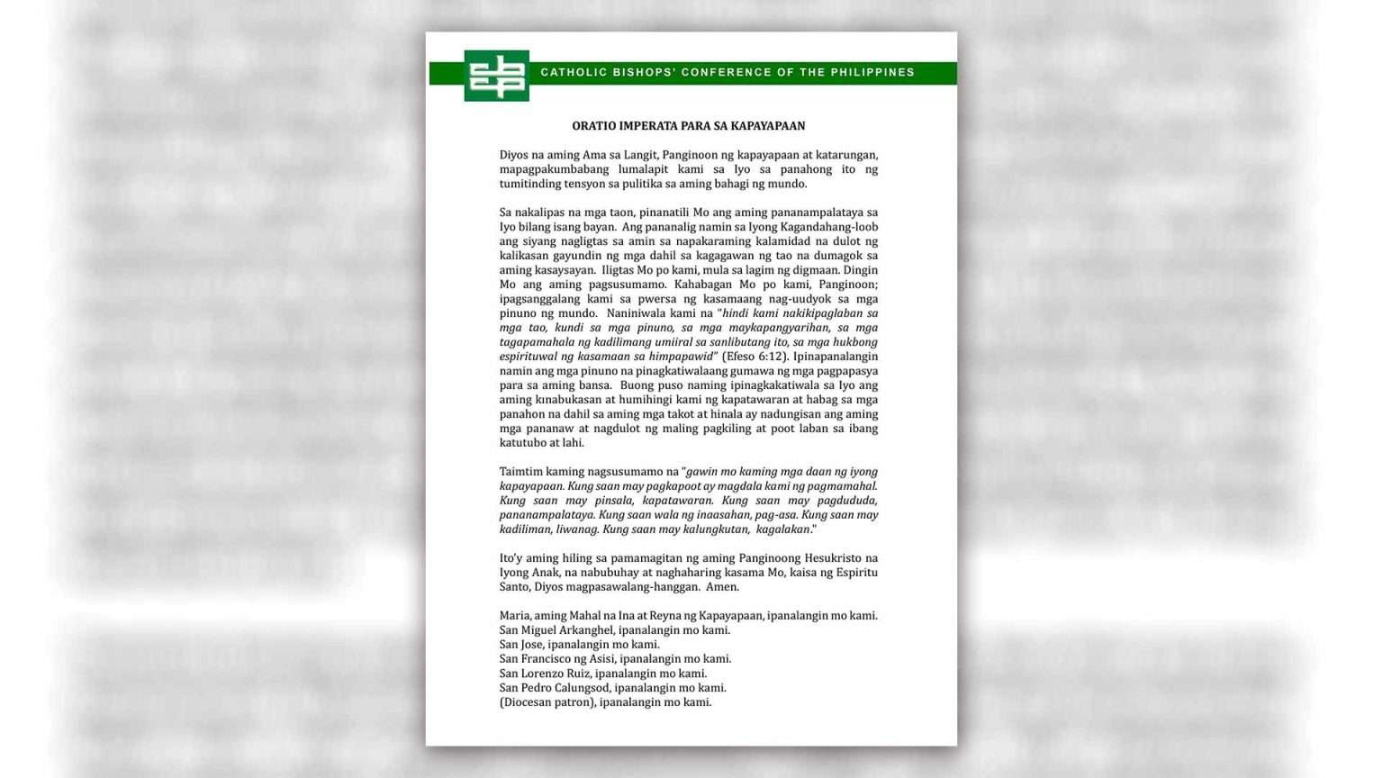 CBCP, nanawagan ng pananalangin ng “Oratio Imperata for Peace” – VeritasPH