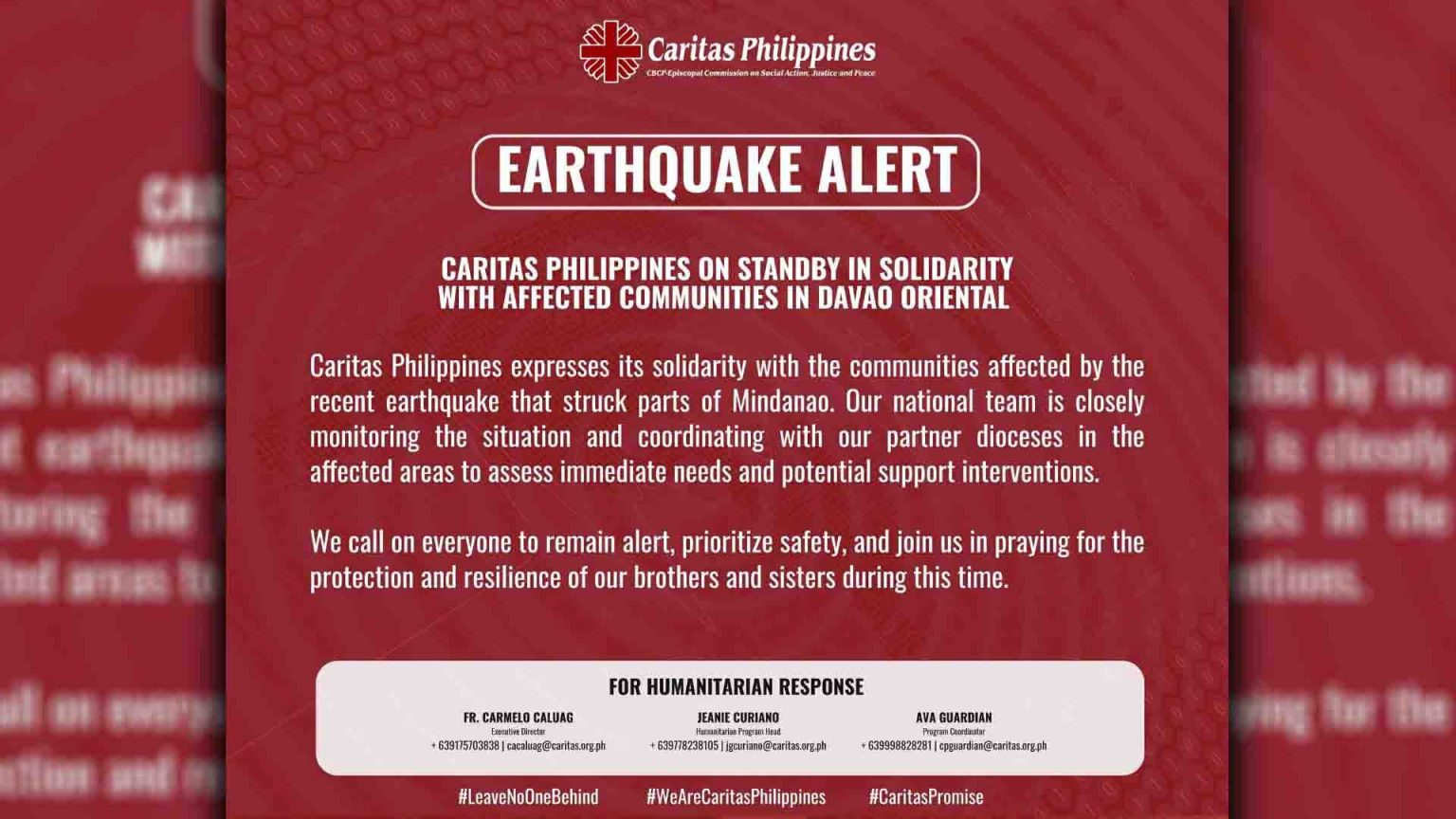 Caritas Philippines, nagpahayag ng pakikiisa sa mga naapektuhan ng lindol sa Mindanao - VeritasPH